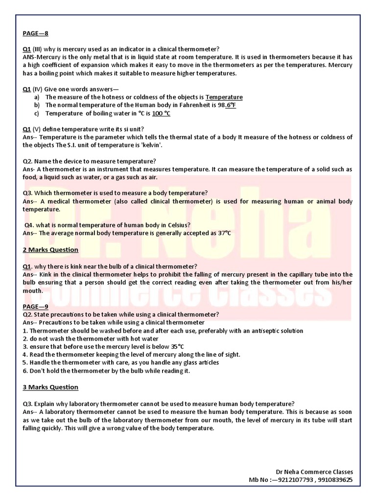 Heat Class 7 Science Chapter 4 Work Book | PDF | Temperature | Thermometer