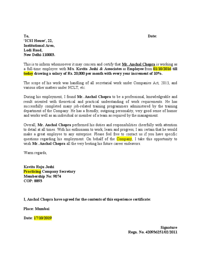 Experience Letter Anchal | PDF | Career & Growth