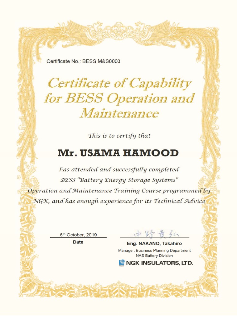 M&S BESS BESS Training Certificate No 003 | PDF