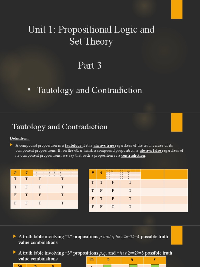 Tautology and Truth Tables Explained | PDF | Contradiction | Truth