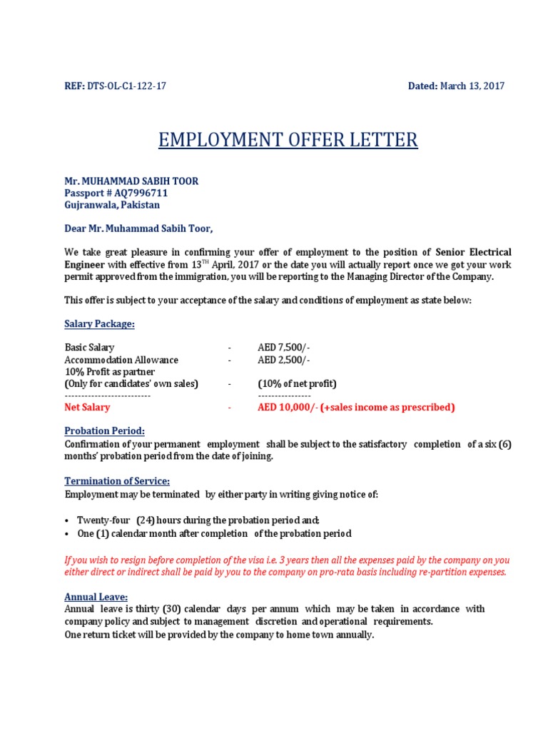Employment Offer Letter: REF: DTS-OL-C1-122-17 | PDF | Insurance ...