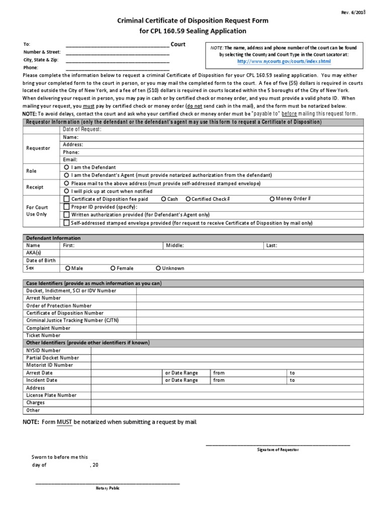 Criminal Certificate of Disposition Request Form For CPL 160.59 Sealing ...