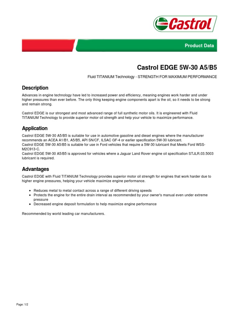 Castrol EDGE 5W-30 A5/B5: Description | PDF | Motor Oil | Mechanical ...