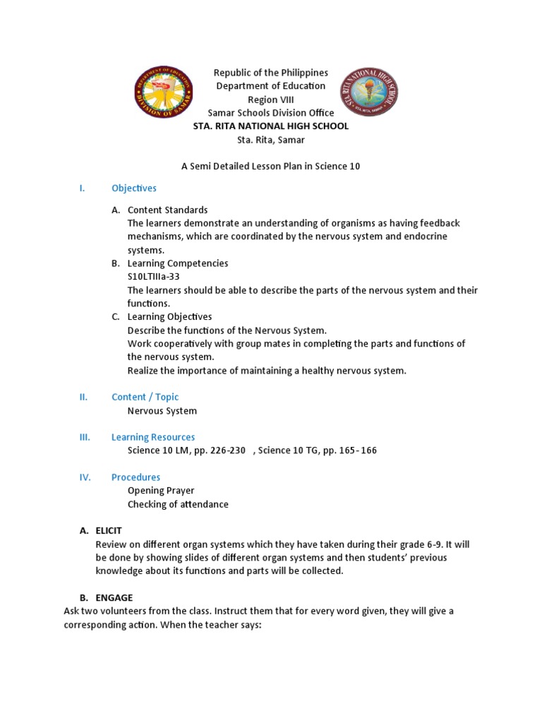 Science 10: Nervous System Lesson Plan | PDF | Central Nervous System ...