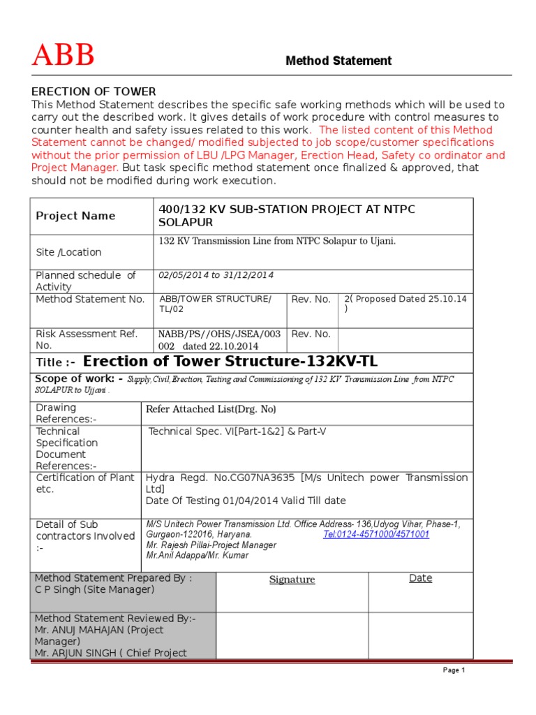 Method Statement Tower Erection 2014 | PDF | Crane (Machine) | Emergency