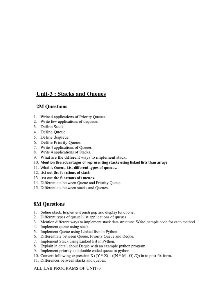 Unit 3 Stacks And Queues 2m Questions Pdf Queue Abstract Data Type Computer Programming