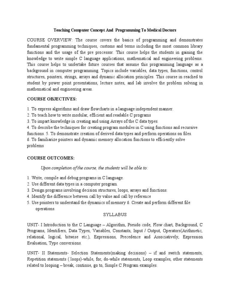 Course Objectives:: Teaching Computer Concept and Programming To Medical Doctors | PDF | C ...