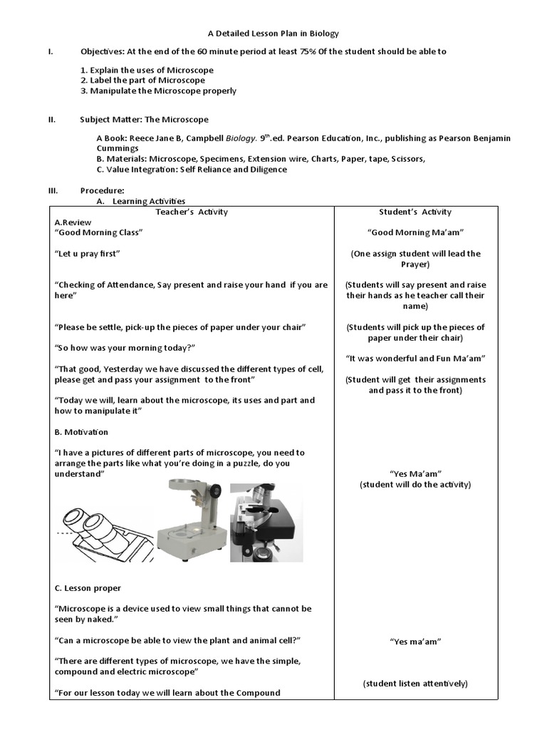 A Detailed Lesson Plan in Biology | PDF | Atomic | Microscopy