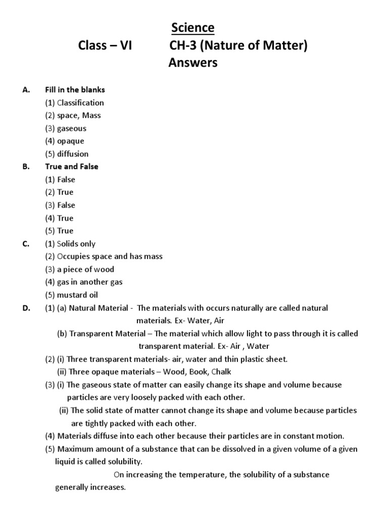 Science Class - VI CH-3 (Nature of Matter) Answers | PDF | Solubility ...