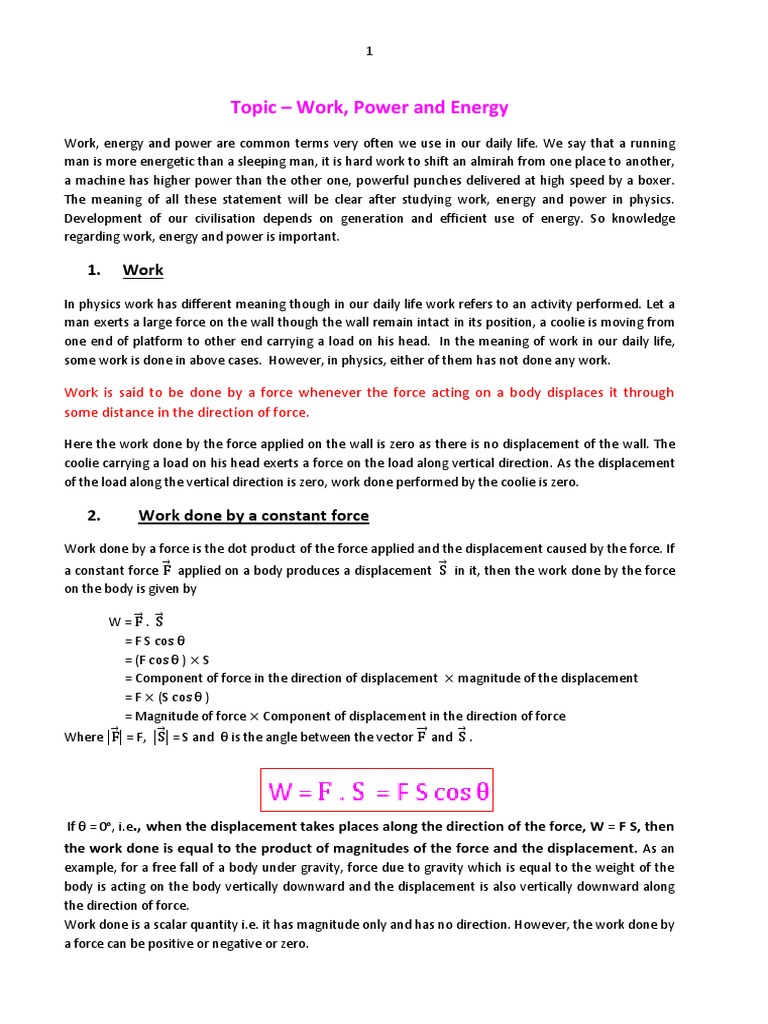 Topic - Work, Power and Energy | PDF | Potential Energy | Force