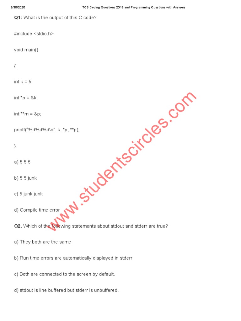 TCS C Coding Questions with Answers | PDF | Pointer (Computer ...