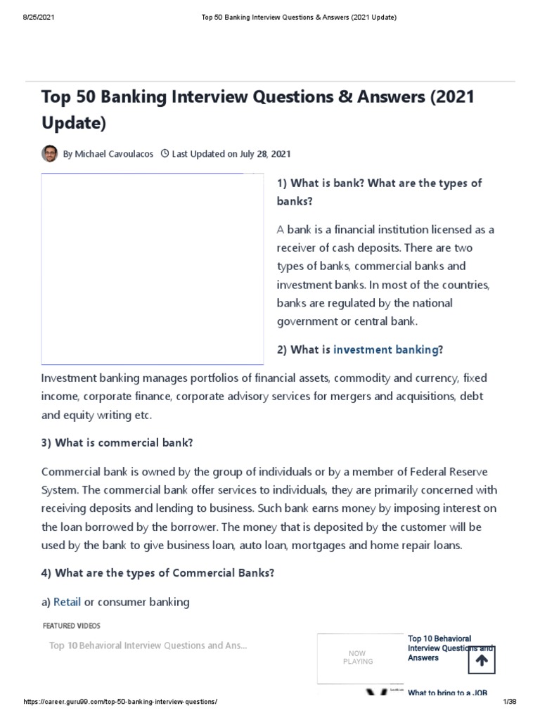 Top 50 Banking Interview Questions & Answers (2021 Update) | PDF ...