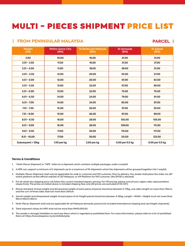 Multi-Pieces Shipment Price List | PDF | Cargo | Consumer Goods