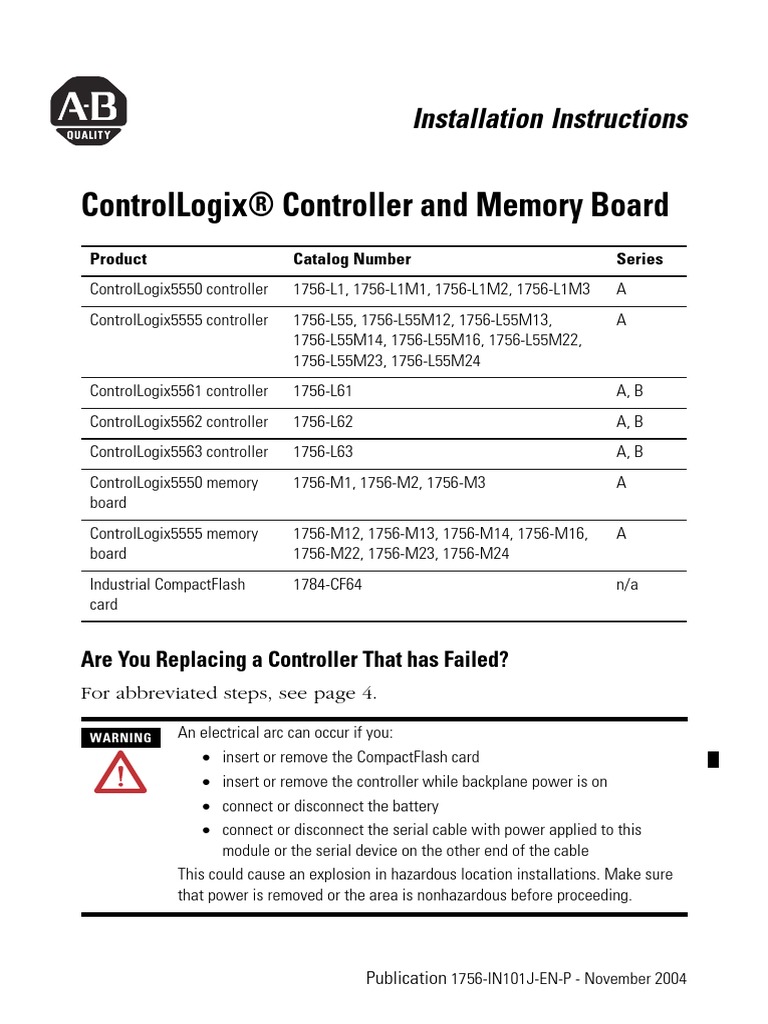 Controllogix® Controller and Memory Board: Installation Instructions | PDF | Input/Output ...