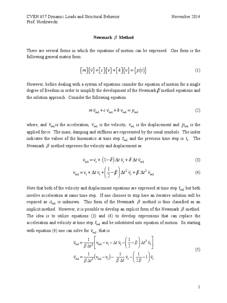Newmark β Method for Structural Dynamics | PDF | Equations Of Motion ...