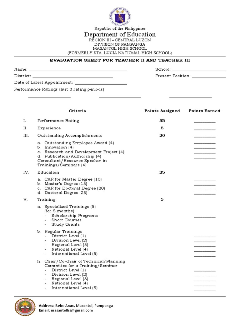 Department of Education: Evaluation Sheet For Teacher Ii and Teacher ...