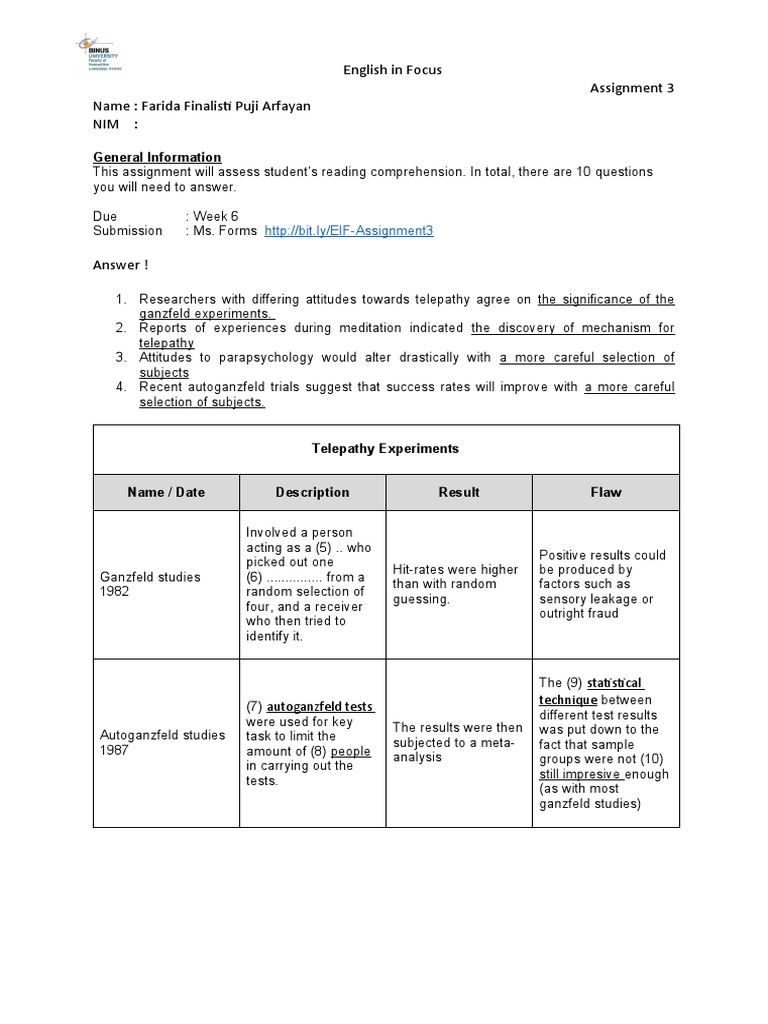 Telepathy Experiments Assignment | PDF | Telepathy | Fringe Science