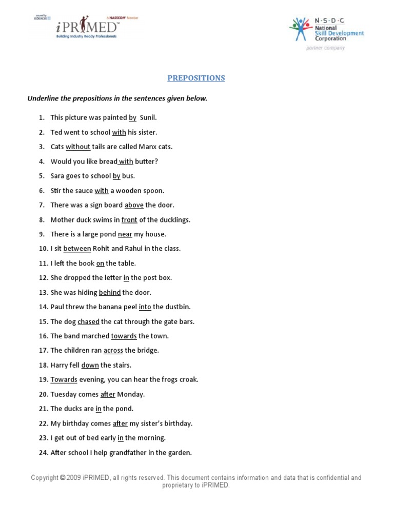 Underline The Prepositions in The Sentences Given Below | PDF Underline The Prepositions in The Sentences Given Below | PDF