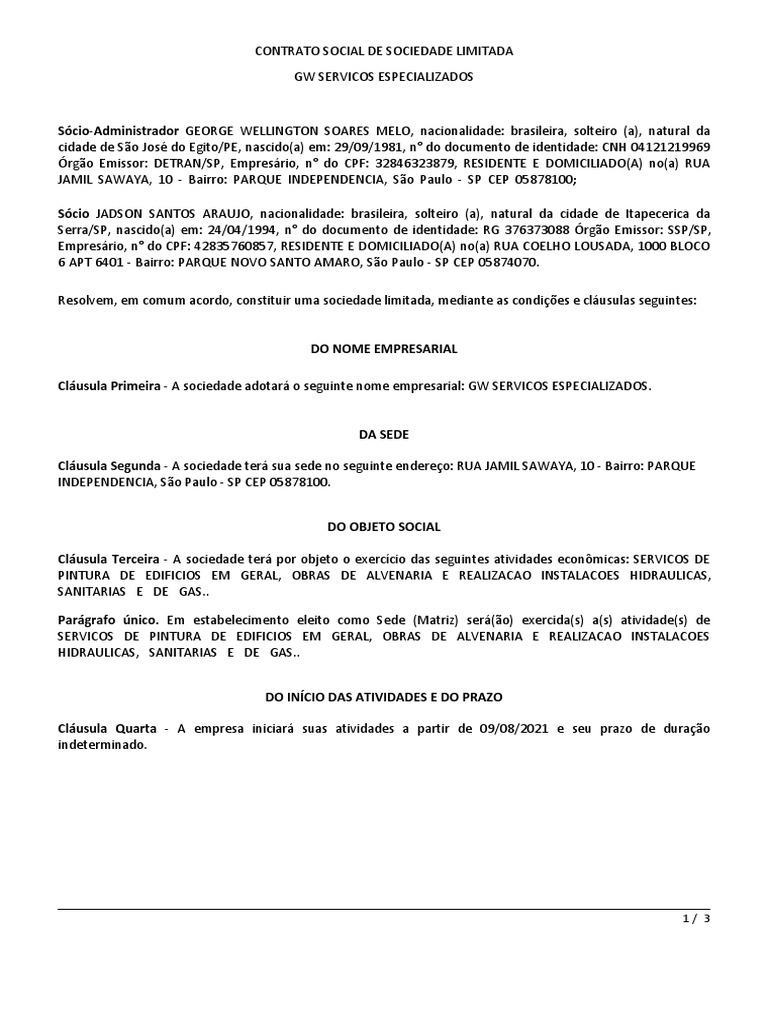 Modelo Contrato Social Padrão | PDF | Balancete | Justiça