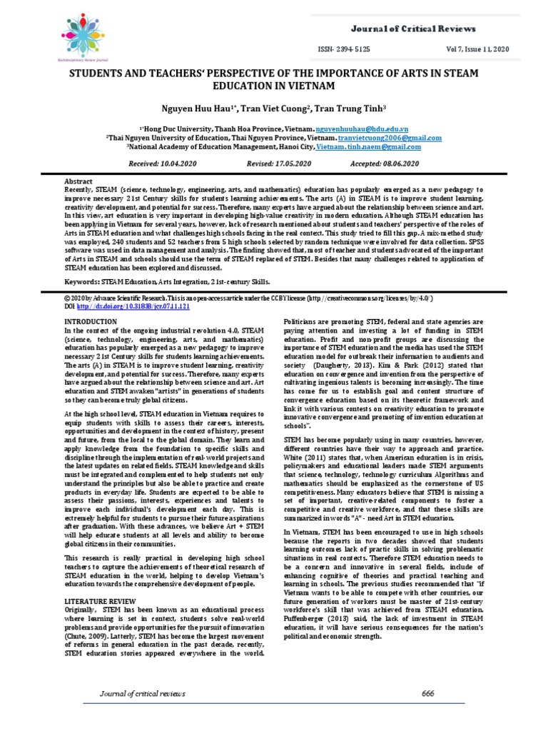 Students and Teachers Perspective of The Importance of Arts in Steam ...