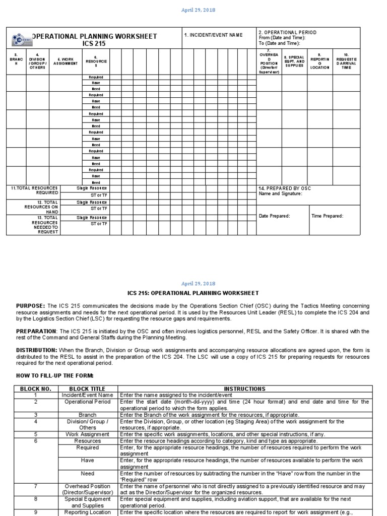 Operational Planning Worksheet ICS 215: 1. Incident/Event Name 2. Operational Period | PDF ...