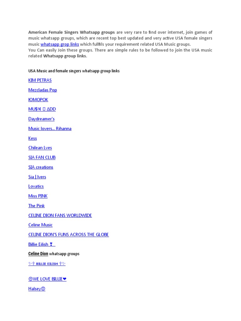 USA Female Singers WhatsApp Groups | PDF | Contemporary Music ...