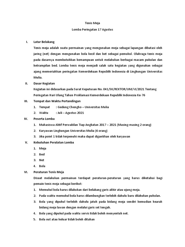 Proposal Lomba Tenis Meja 2021 | PDF