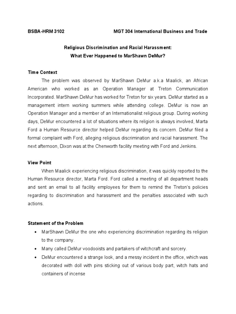Religious Discrimination Case Study | PDF | Employment | Harassment