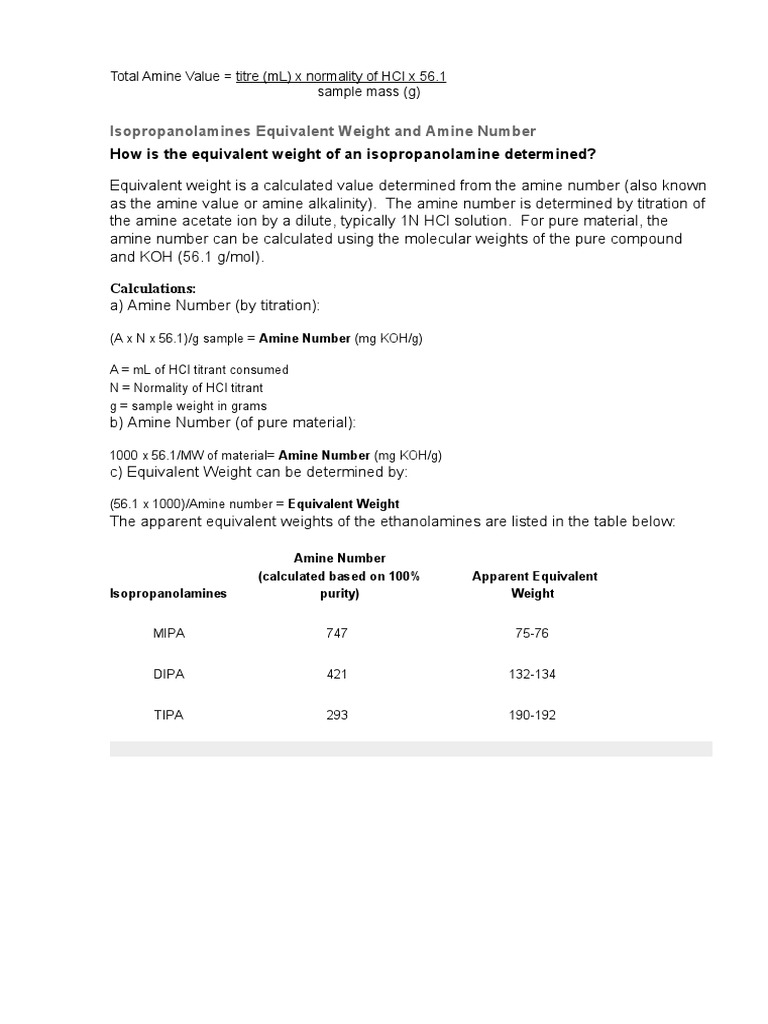 How Is The Equivalent Weight of An Isopropanolamine Determined? | PDF