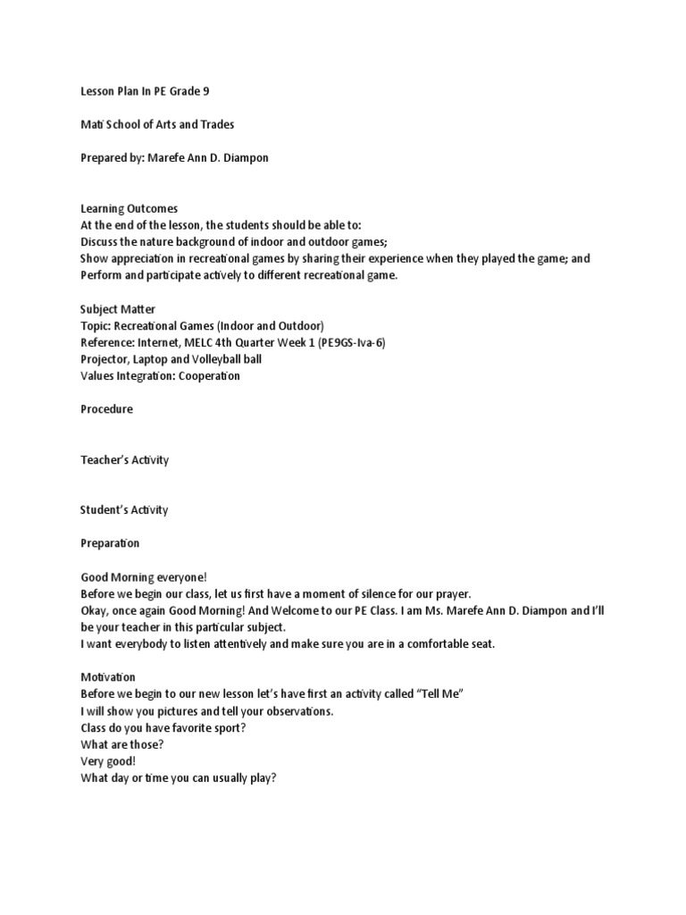 Lesson Plan in PE Grade 9 | PDF | Lesson Plan | Teachers