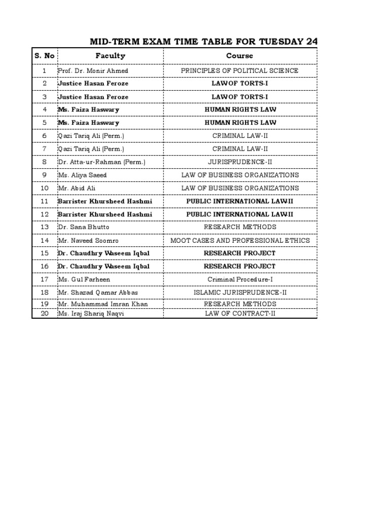 Midterm Time Table Tuesday | PDF