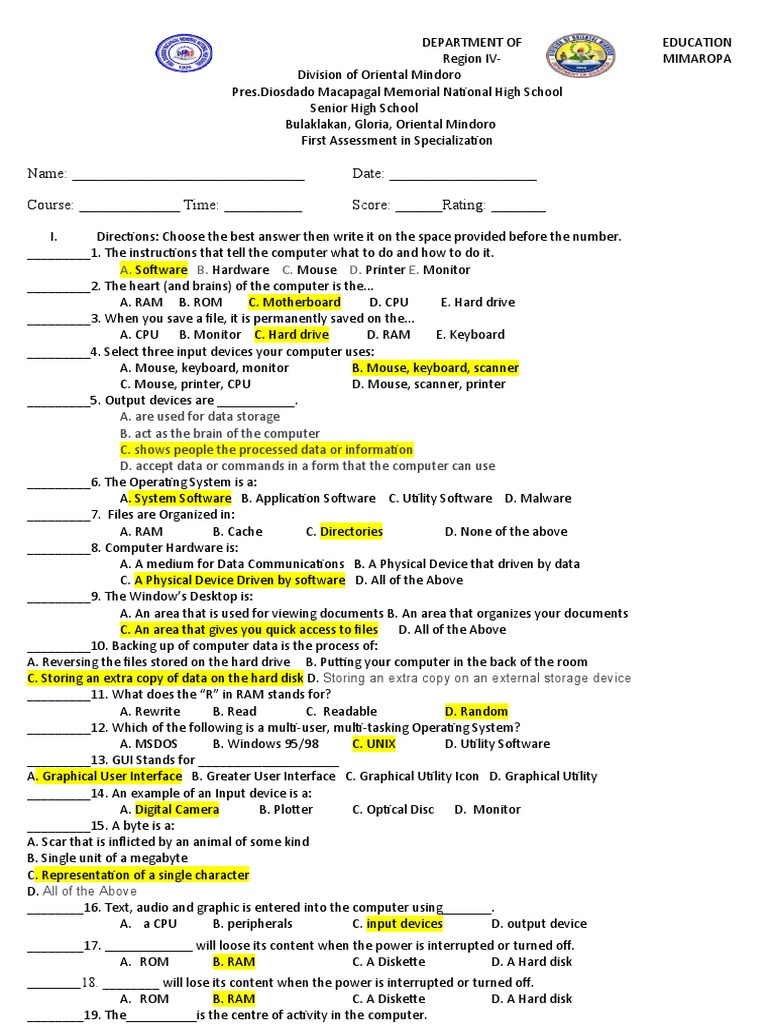 1st Assessment Exam in Specialization 2020 - 2021 With Answer Key | PDF | Input/Output ...