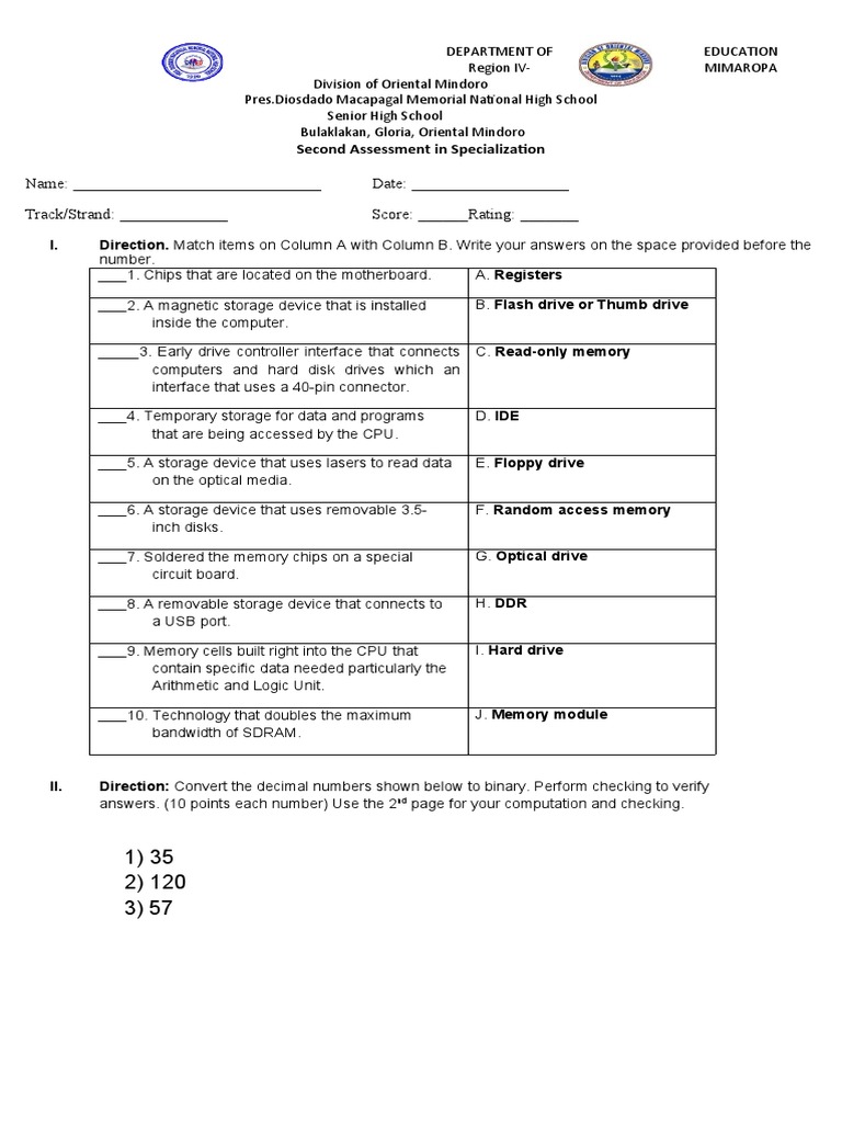 2nd Assessment Exam in Specialization 2020 - 2021 | PDF | Computer Data ...