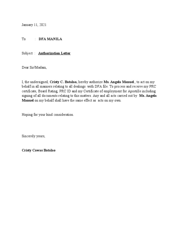 Authoriation Letter Dfa | PDF | Law