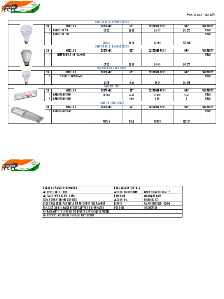 Inverter Bulb Price List August 2021 | PDF | Payments | Taxes