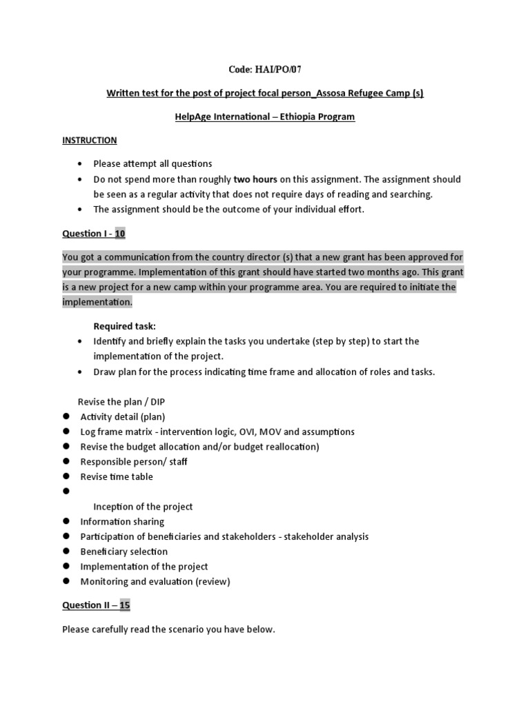Written Test For The Post of Project Focal Person 1 | PDF | Evaluation ...