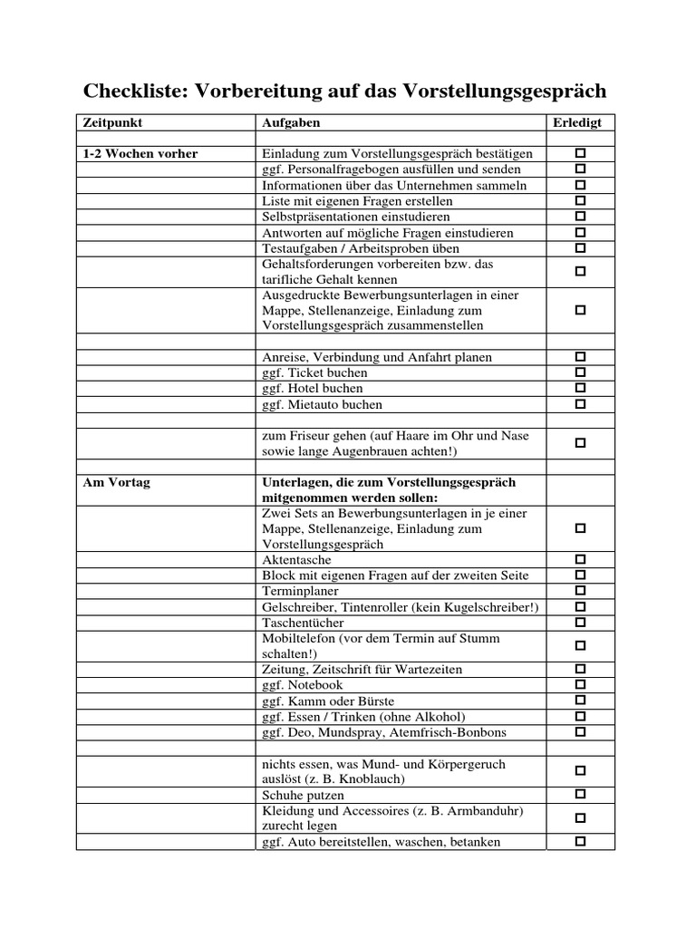 Checkliste Vorbereitung Auf Das Vorstellungsgespraech | PDF
