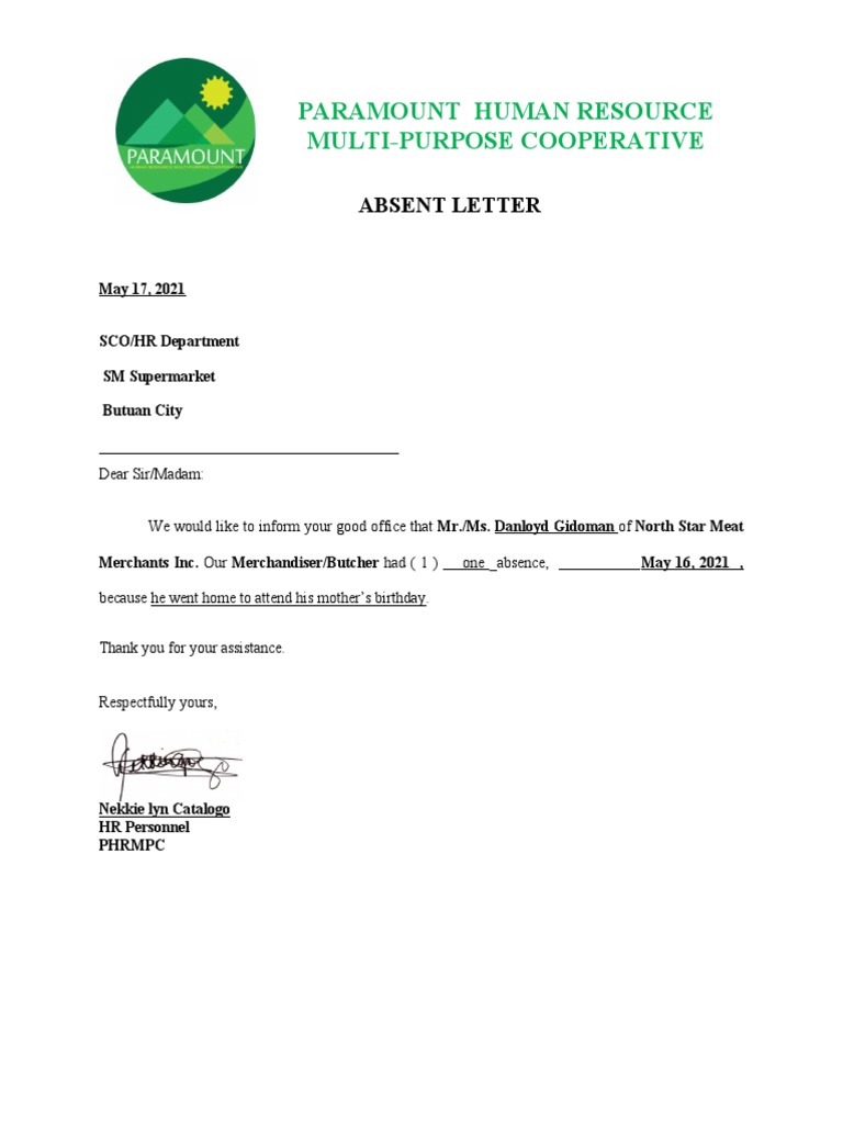 Paramount Human Resource Multi-Purpose Cooperative: Absent Letter | PDF