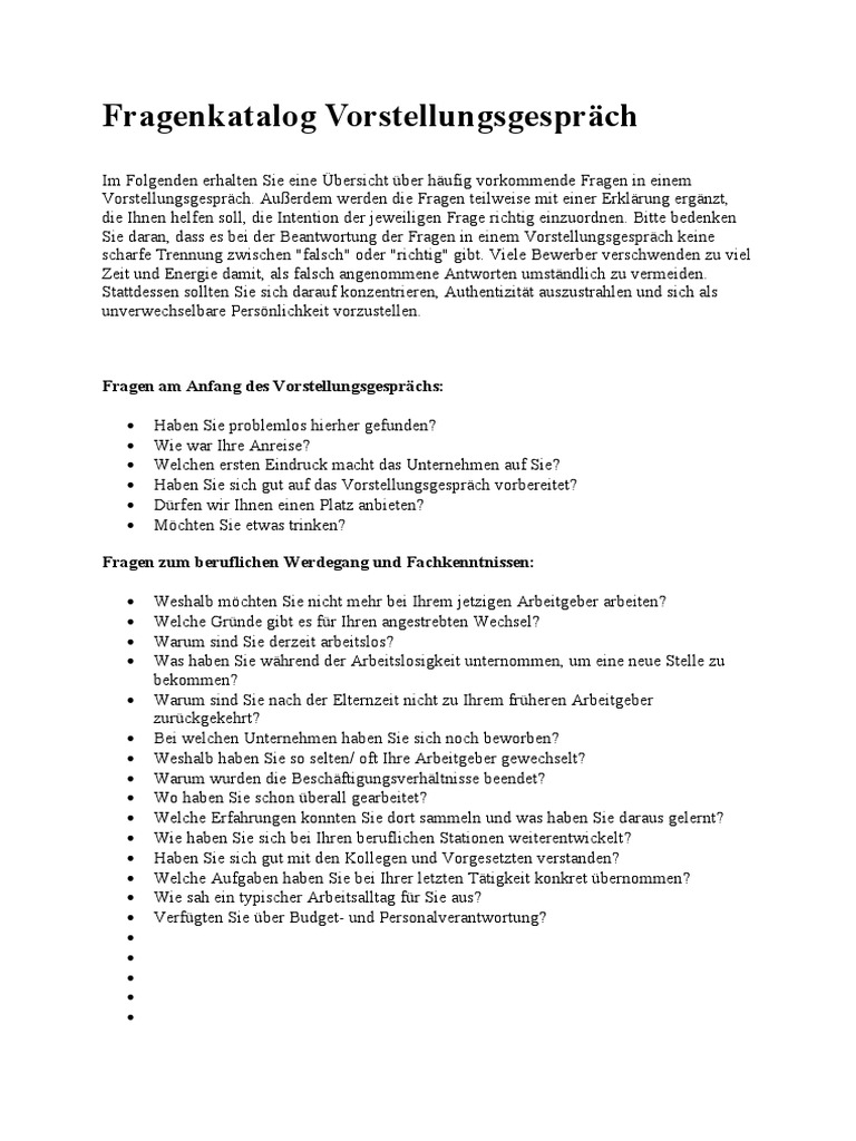Fragenkatalog Vorstellungsgespräch | PDF