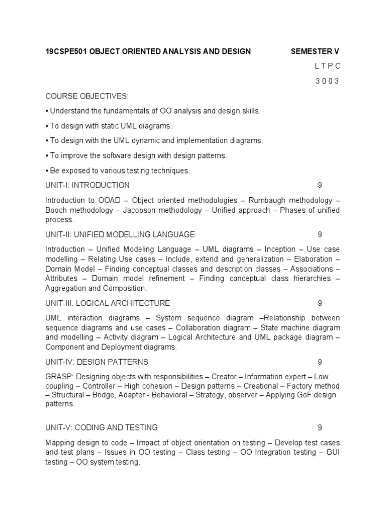 19cspe501 Object Oriented Analysis and Design Semester V | PDF | Unified Modeling Language | Use ...