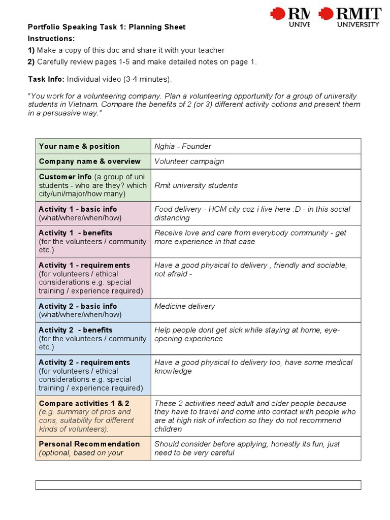 Portfolio Speaking 1 - Planning WORKSHEET (A-L&S) | PDF | Volunteering ...