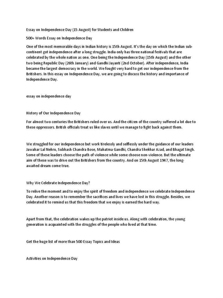 Essay On Independence Day | PDF