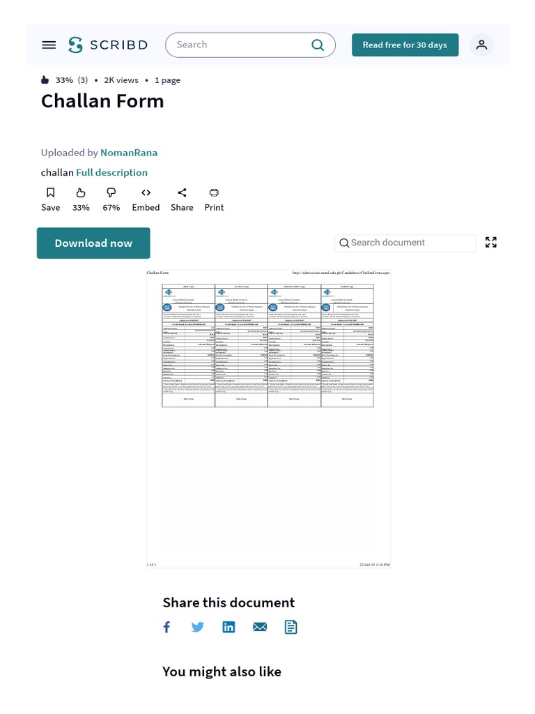 Challan Form - PDF - Fee - Payments - 1629891727163 | PDF | Scribd | Fee