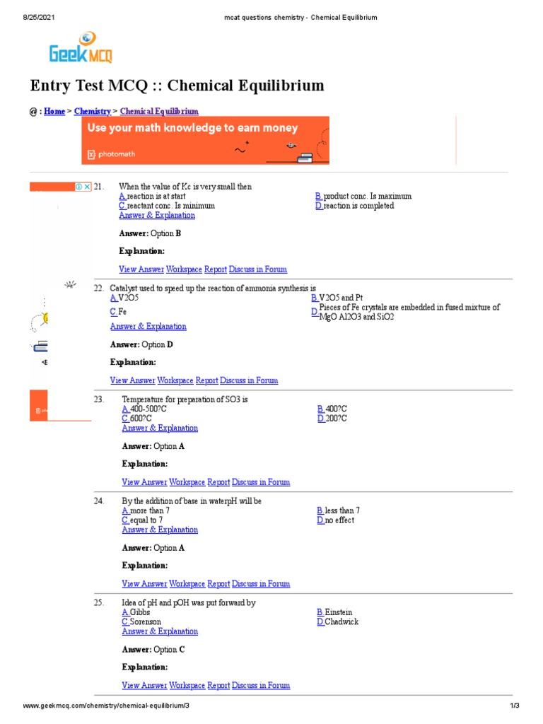Mcat Questions Chemistry - Chemical Equilibrium.0. | PDF | Acid ...