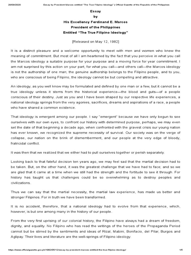 Essay by President Marcos Entitled "The True Filipino Ideology ...