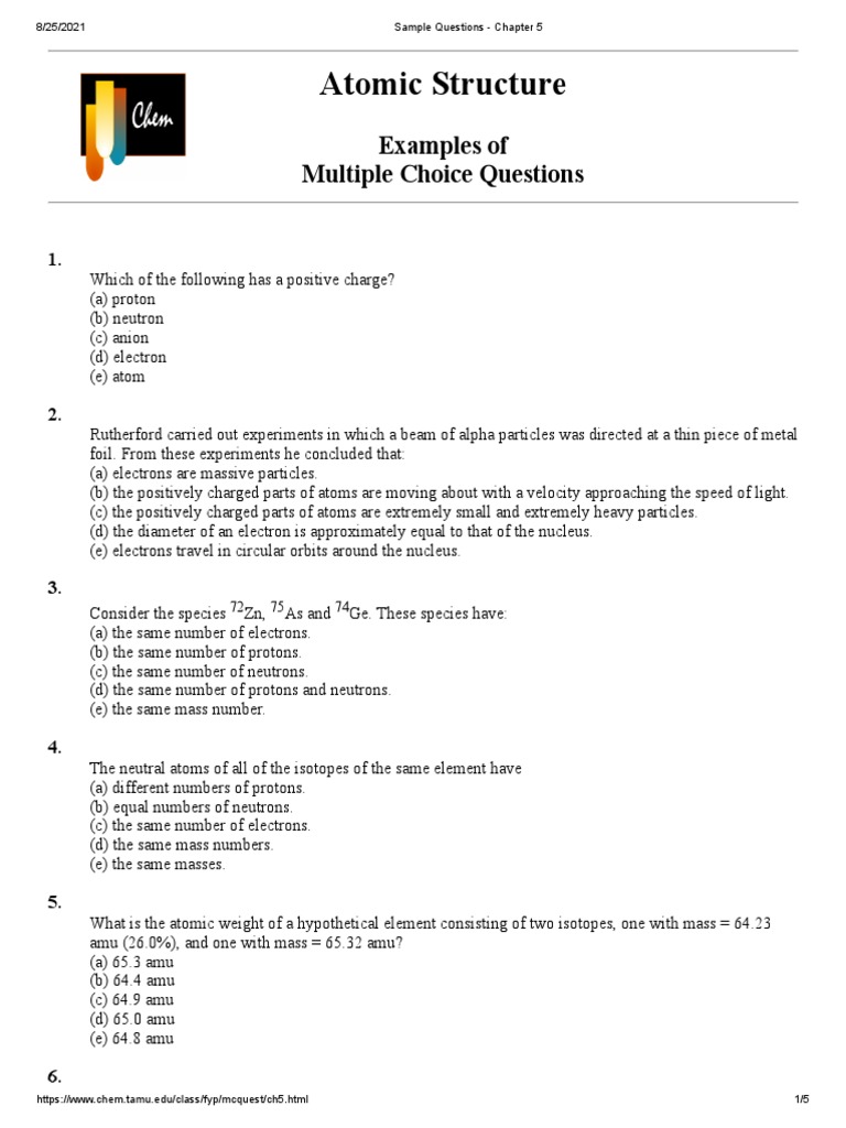 Sample Questions - Chapter 5 | PDF | Atoms | Chemistry
