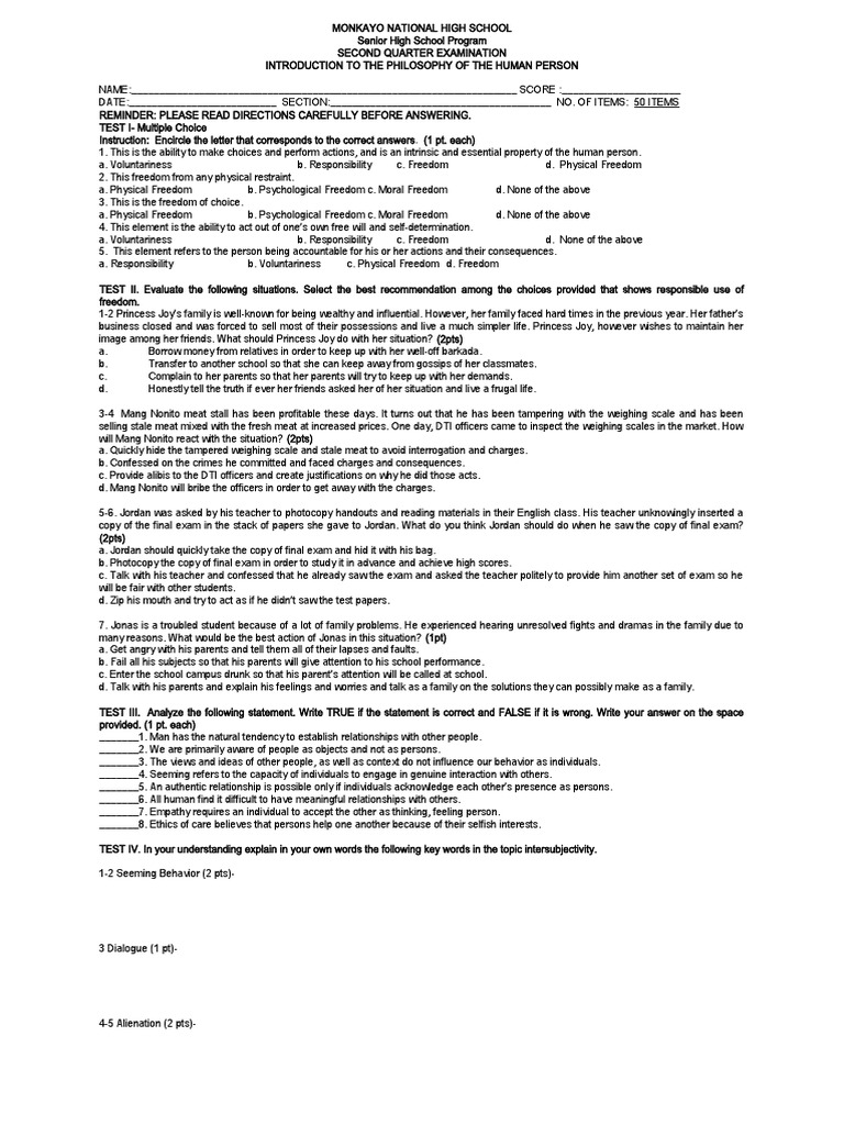 2nd Quarter Exam Final Philo | PDF | Suffering | Philosophical Theories