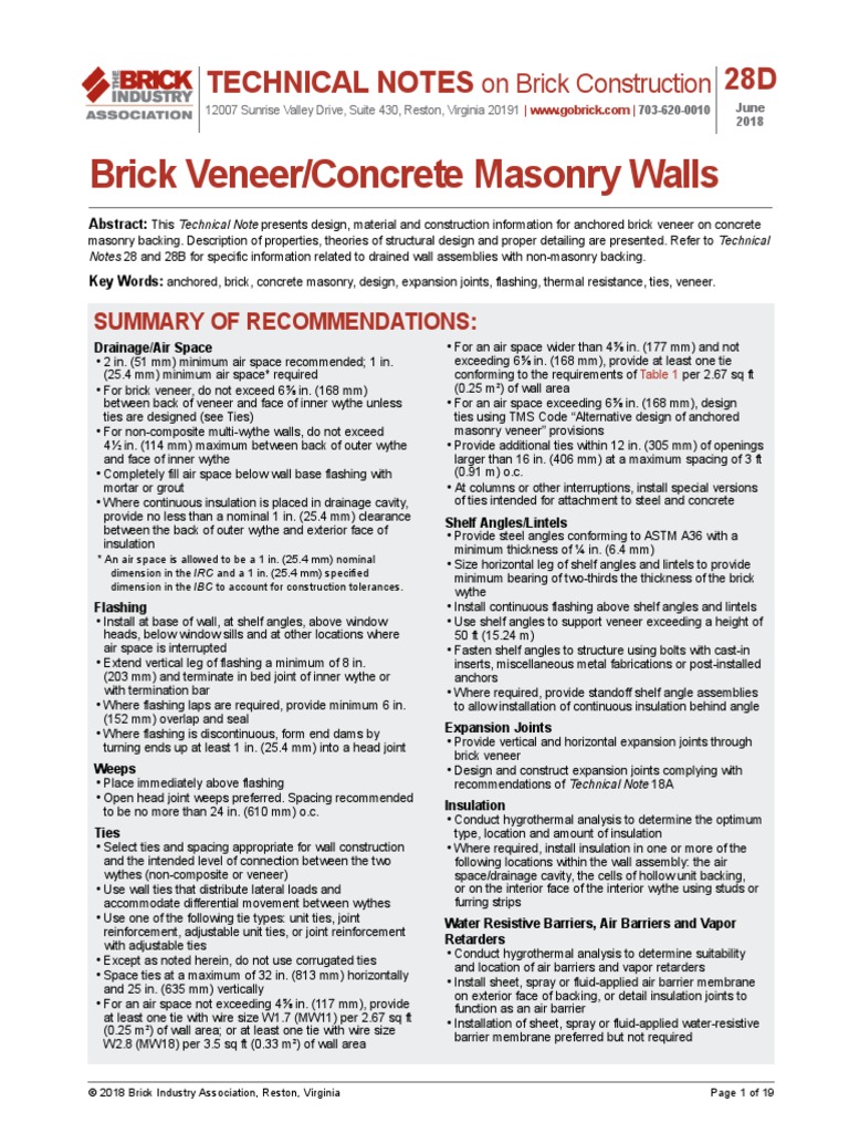 Brick Veneer/Concrete Masonry Walls: Technical Notes 28D | PDF ...