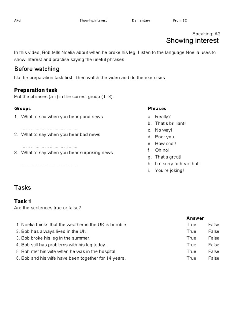 LearnEnglish Speaking A2 Showing Interest | PDF