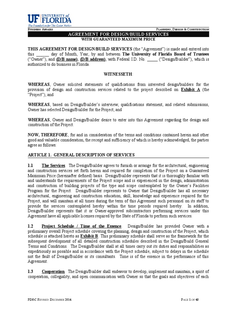 Agreement For Design/Build Services: With Guaranteed Maximum Price ...
